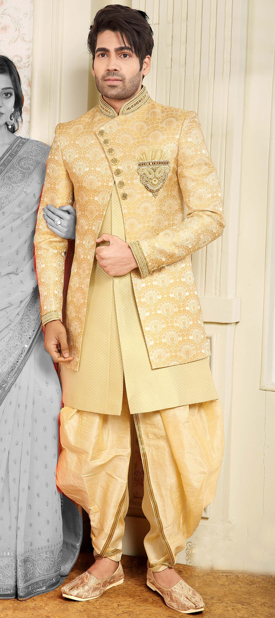 Gold color Jacquard fabric Dhoti Sherwani : 1574634