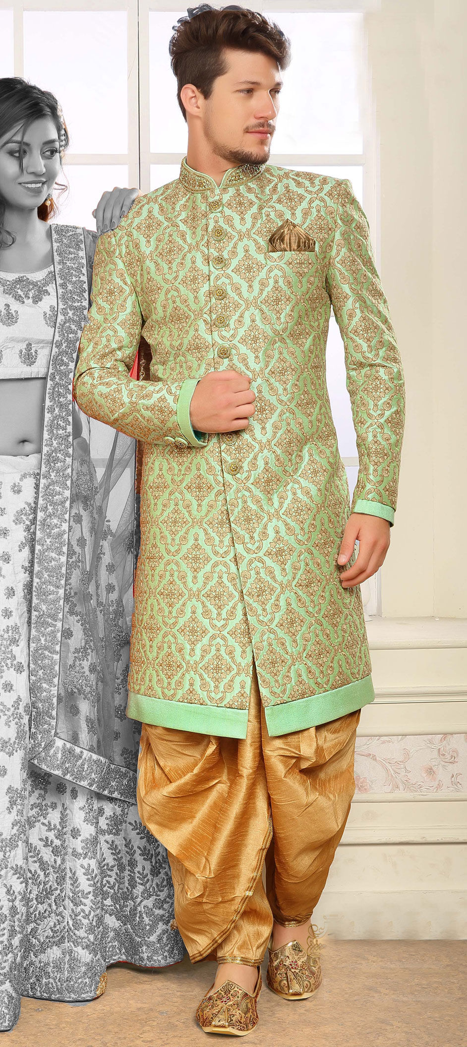 Green color Jacquard fabric Dhoti Sherwani : 1574702