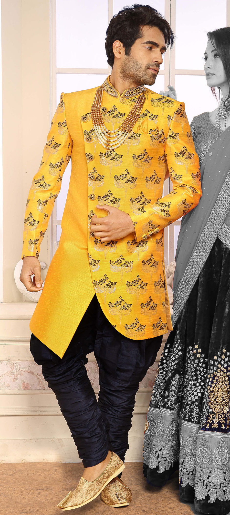 Yellow color Jacquard fabric Sherwani : 1574705