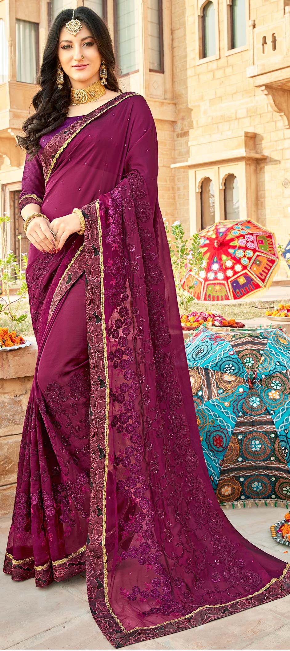Party Wear Pink and Majenta color Georgette fabric Saree : 1575912