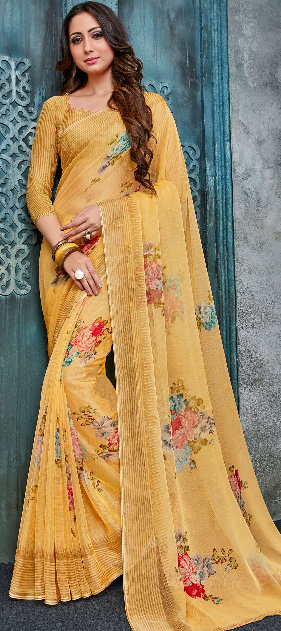Party Wear Yellow color Chiffon fabric Saree : 1576454
