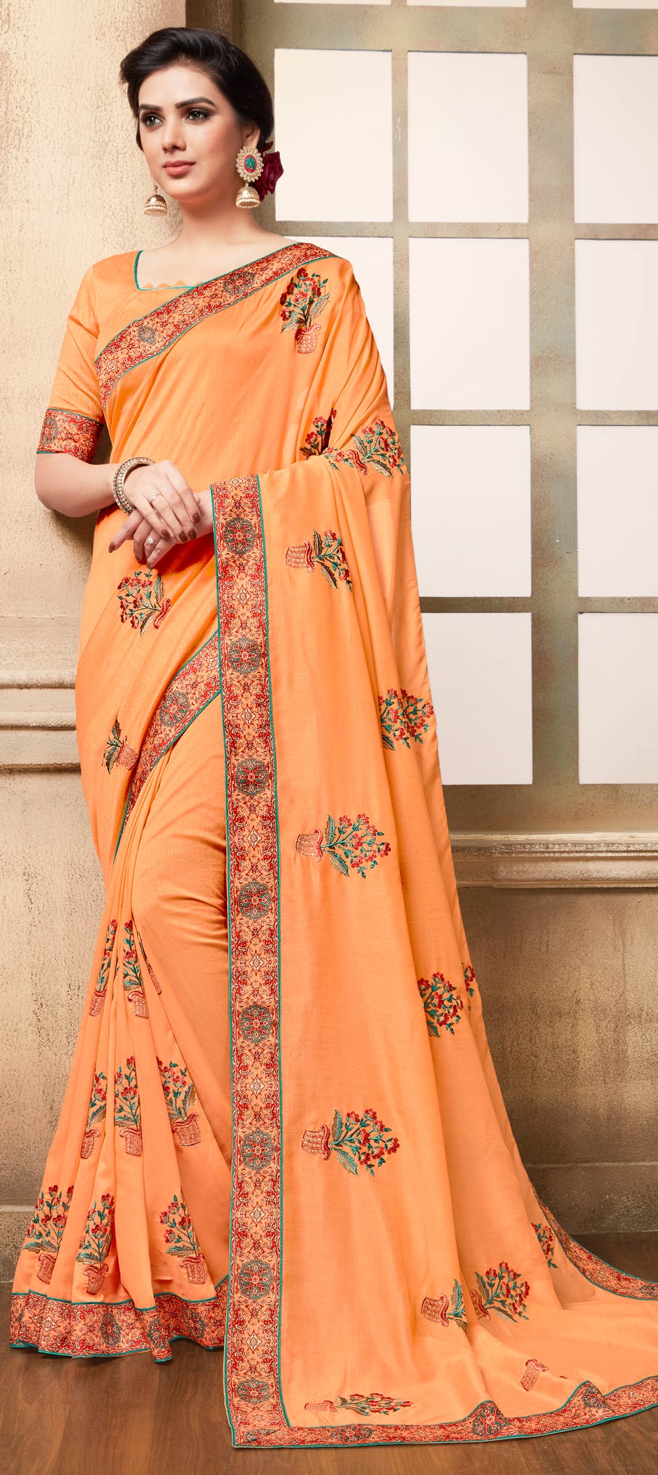 Party Wear, Traditional Orange color Art Silk, Silk fabric Saree : 1576581 Party Wear, Traditional Orange color Art Silk, Silk fabric Saree : 1576581