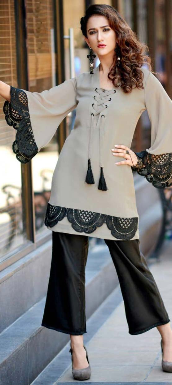 Designer Black and Grey color Georgette fabric Tunic with Bottom : 1576865