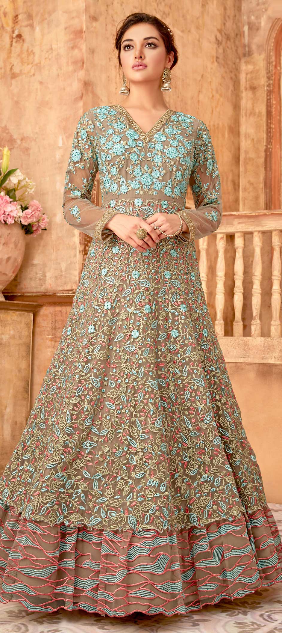 Mehendi Sangeet, Reception Beige and Brown color Net fabric Salwar ...