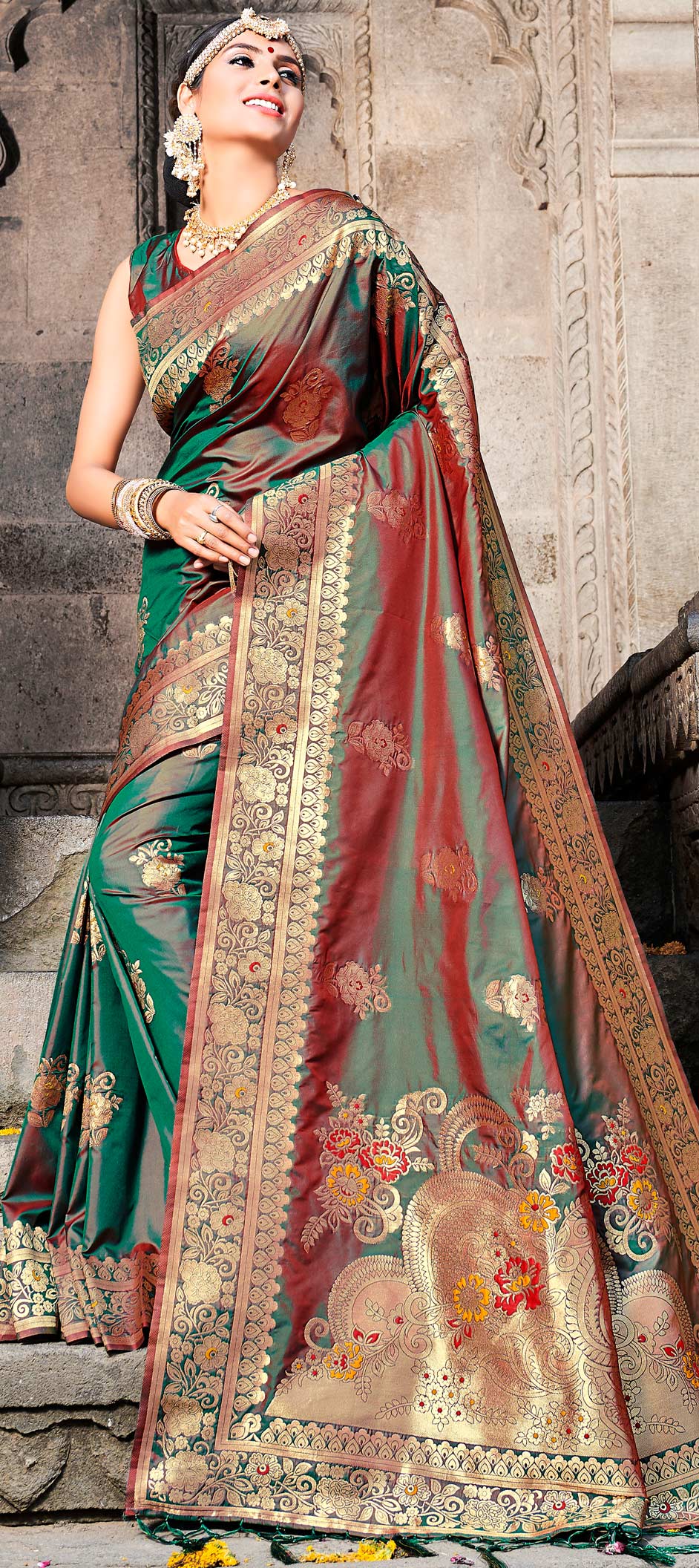 Reception, Traditional Green color Banarasi Silk, Silk fabric Saree ...
