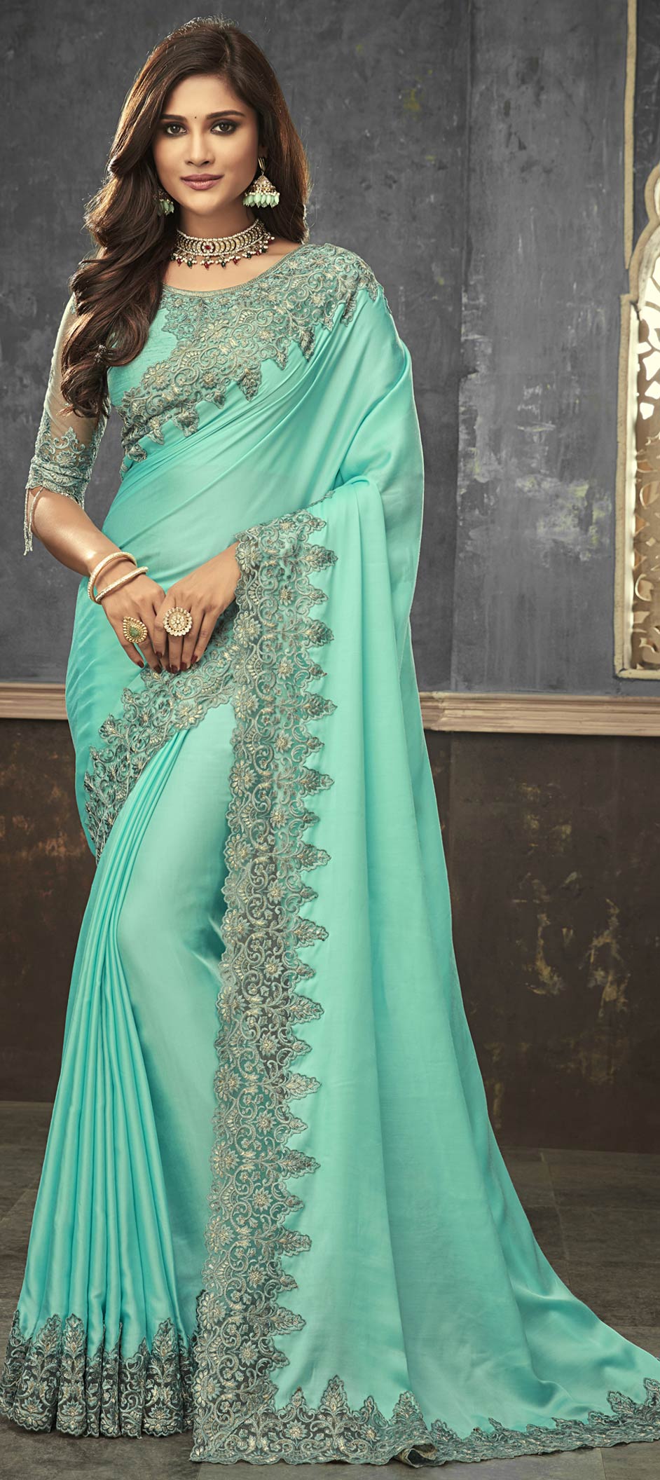 Engagement, Reception Blue color Shimmer fabric Saree : 1578163