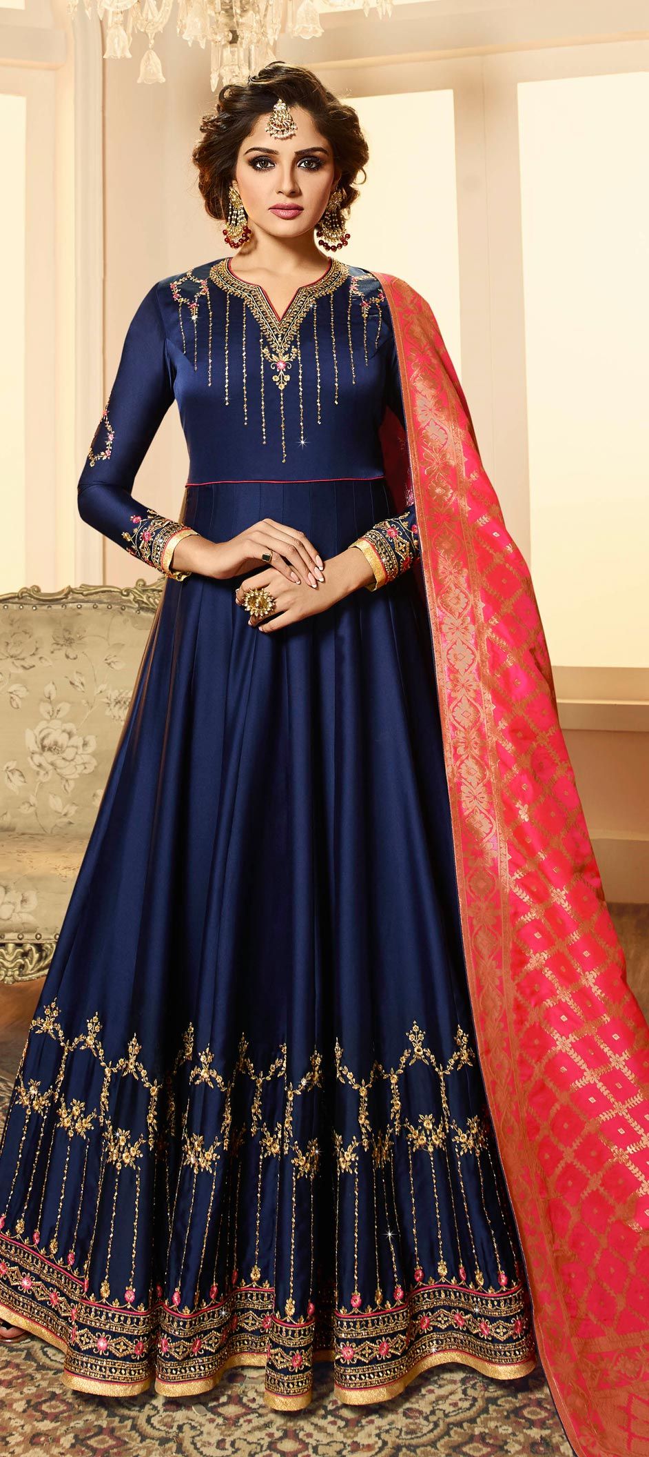 Party Wear Blue color Georgette, Satin Silk fabric Salwar Kameez : 1578371