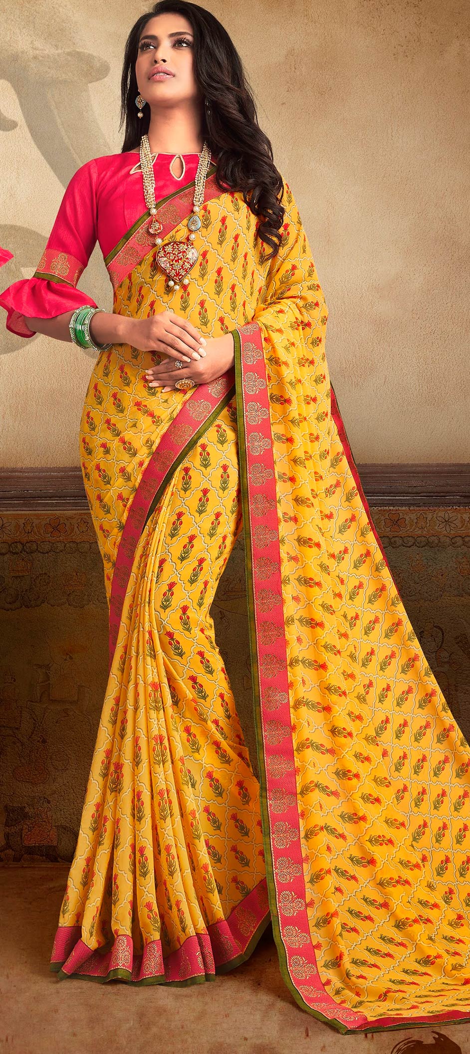 Party Wear, Reception Yellow color Georgette fabric Saree : 1578565