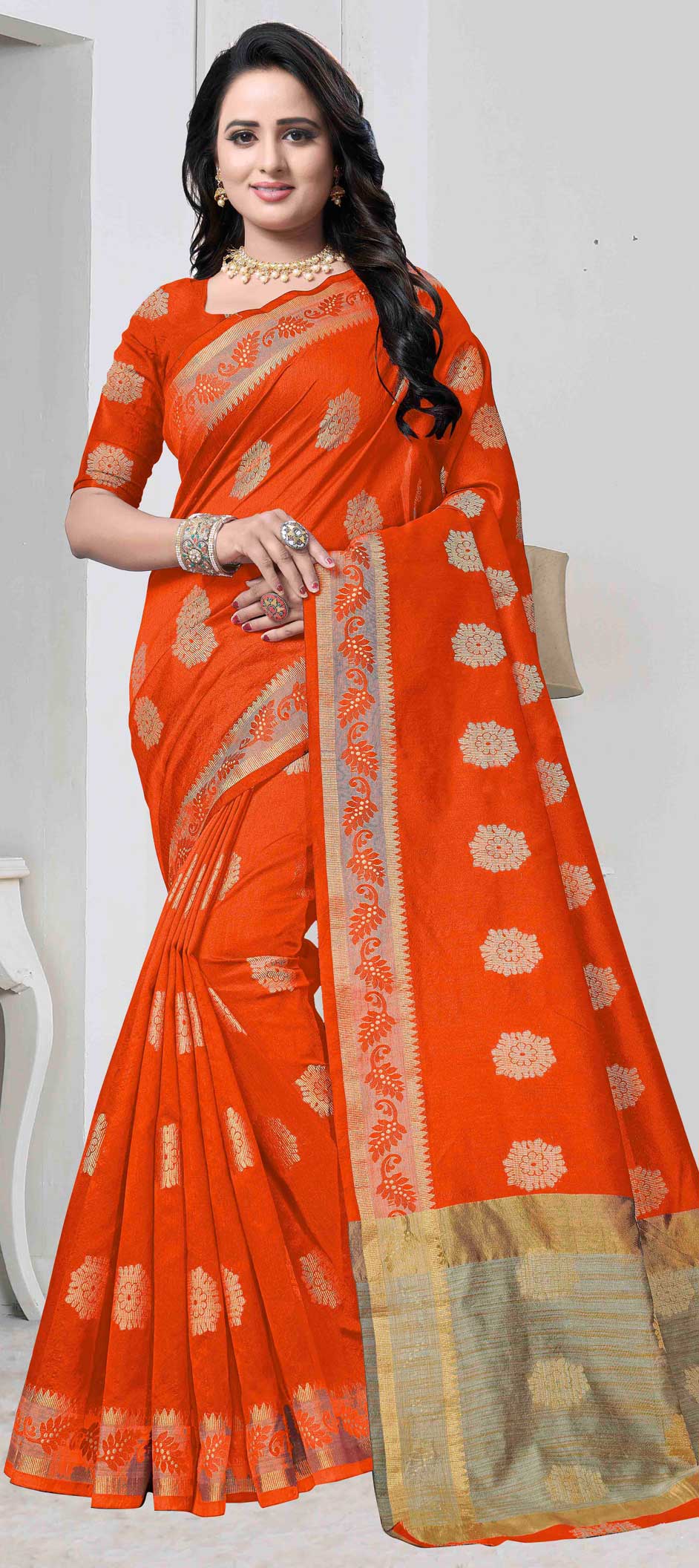 Traditional Orange color Banarasi Silk, Silk fabric Saree : 1578970