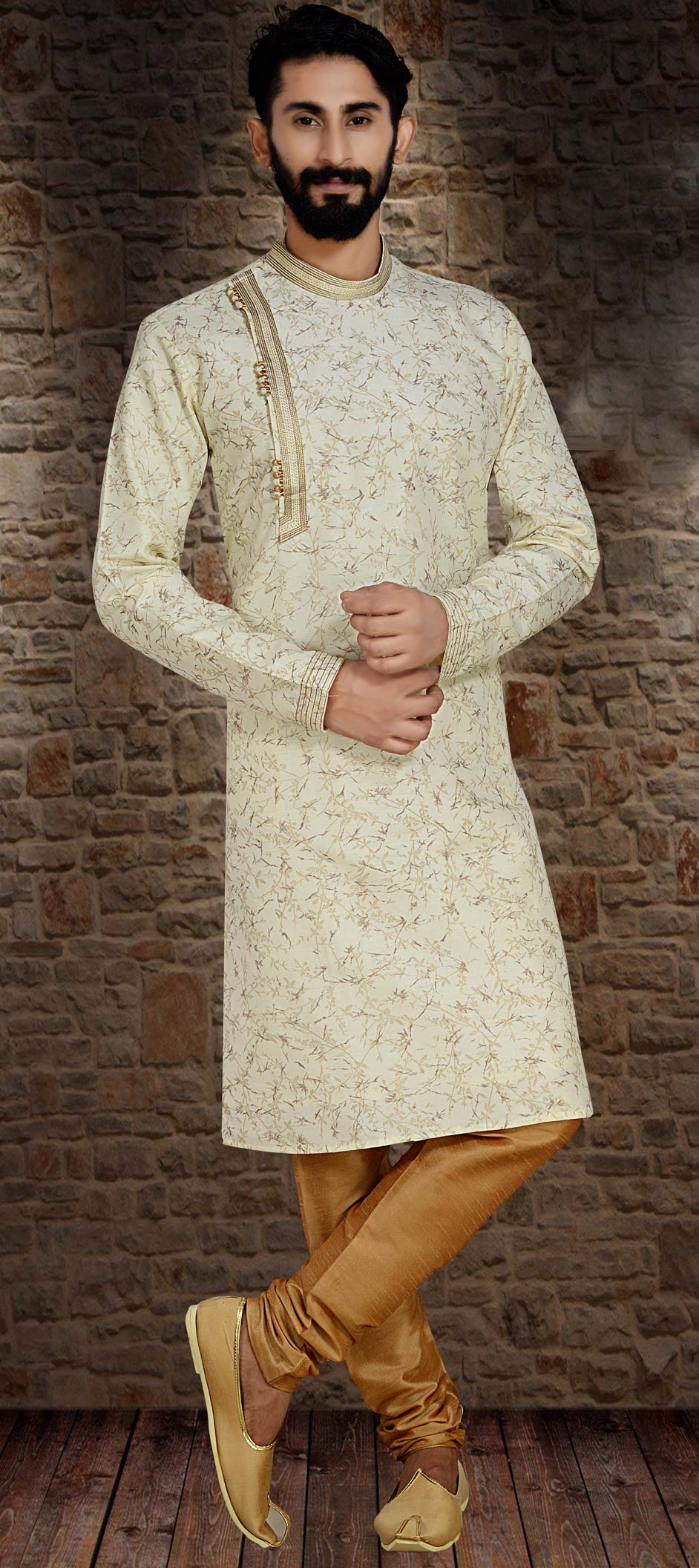 Beige and Brown color Silk fabric Kurta Pyjamas : 1579546