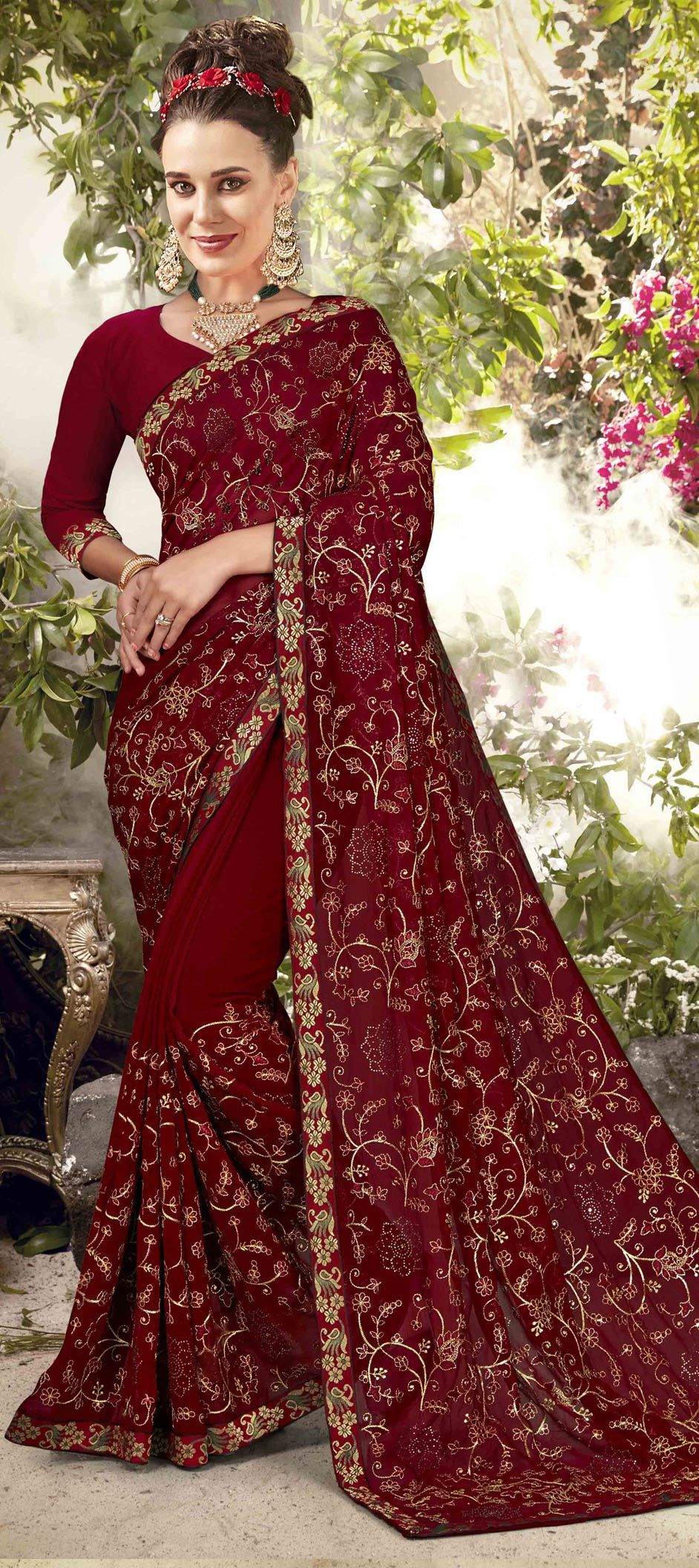 Casual Red and Maroon color Georgette fabric Saree : 1579945