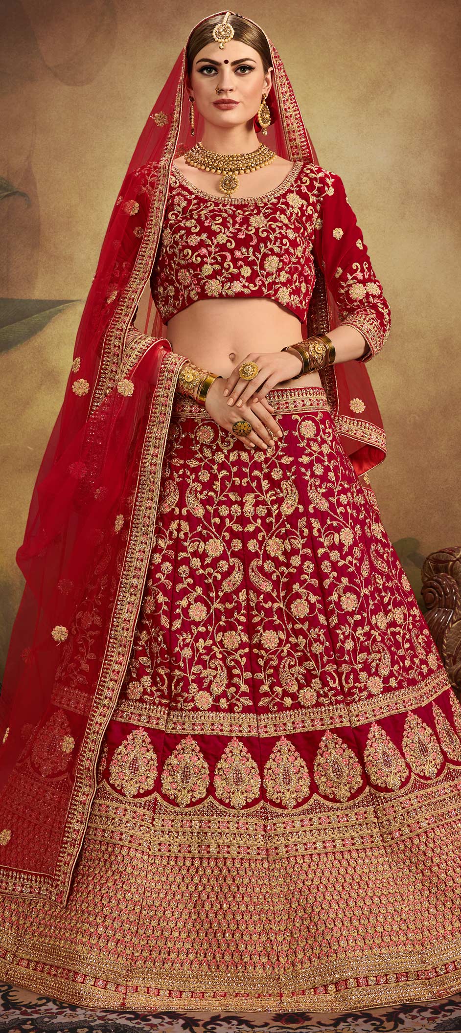 Mehendi Sangeet, Reception Red and Maroon color Velvet fabric Lehenga ...