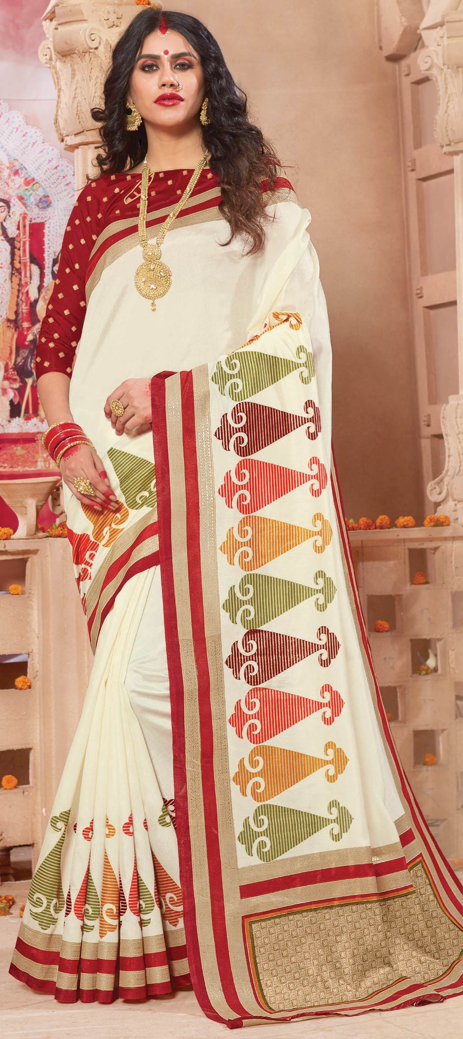 Traditional White and Off White color Patola Silk, Silk fabric Saree ...