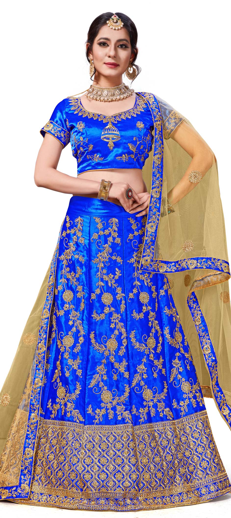 Engagement, Festive, Mehendi Sangeet Blue color Satin Silk, Silk fabric ...