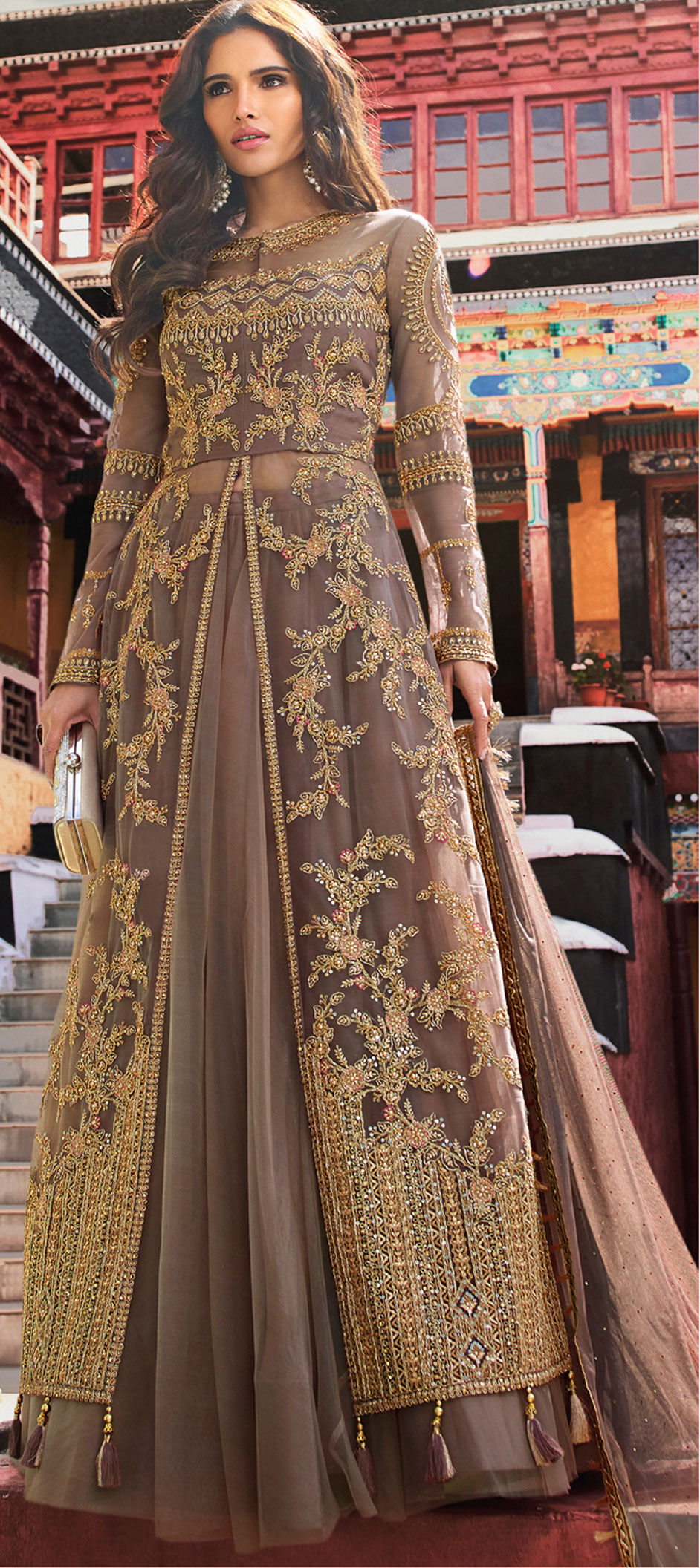 Bollywood Beige and Brown color Net fabric Long Lehenga Choli : 1584682