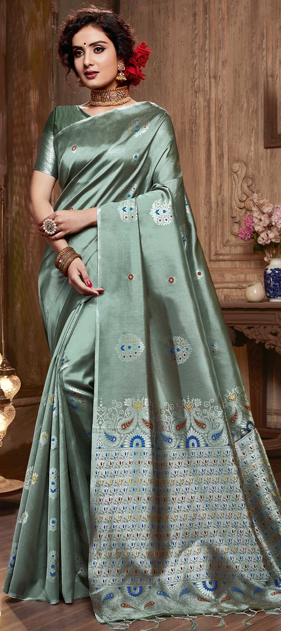 Traditional Green color Blended fabric Saree : 1585578