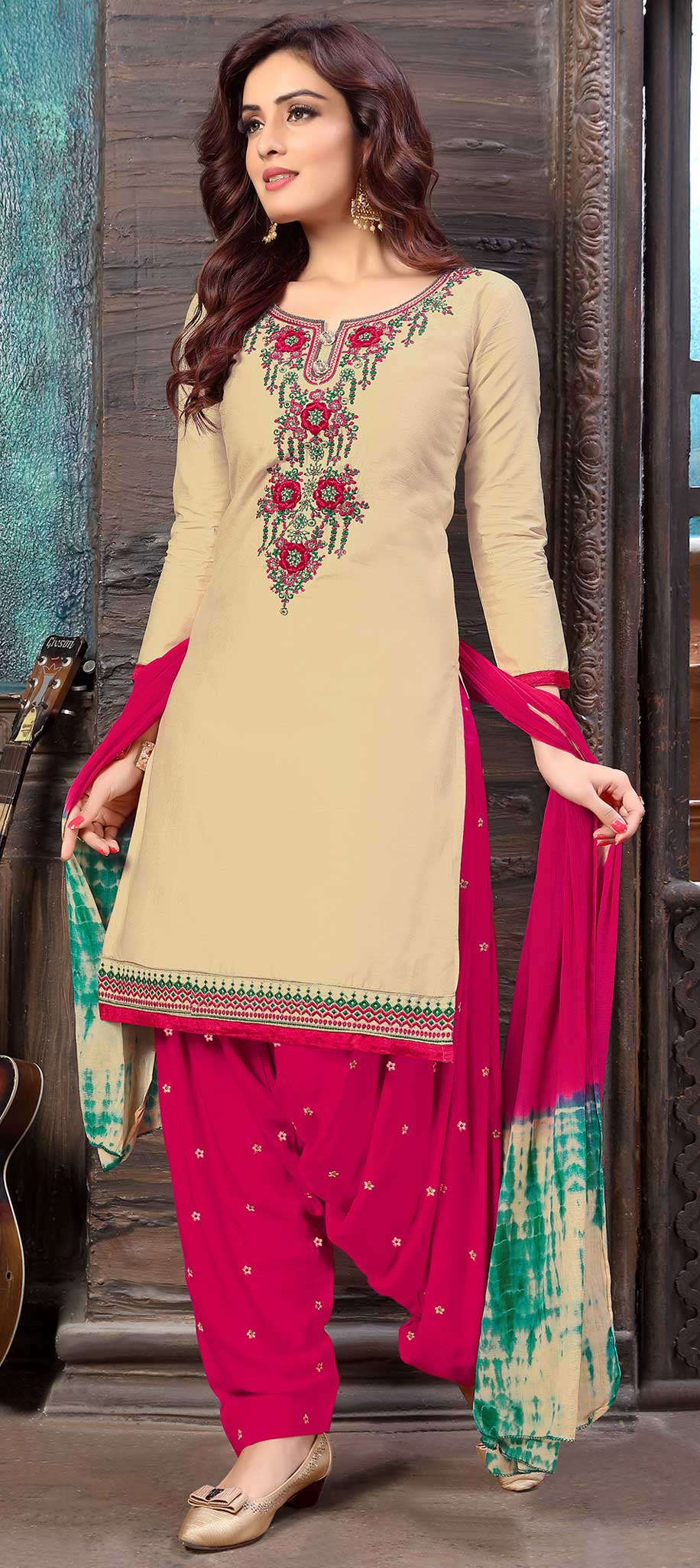 Bollywood Beige and Brown color Cotton fabric Salwar Kameez : 1588762