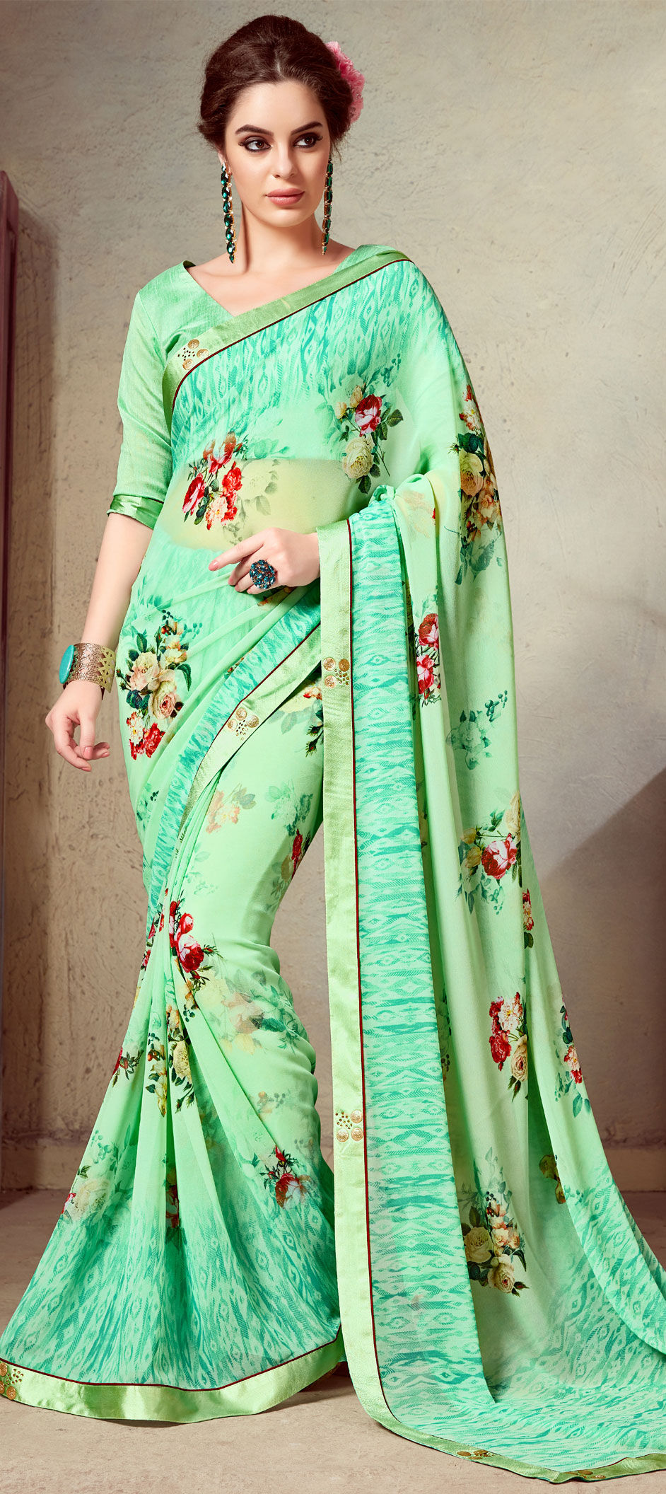 Casual, Party Wear Green color Faux Georgette fabric Saree : 1589102