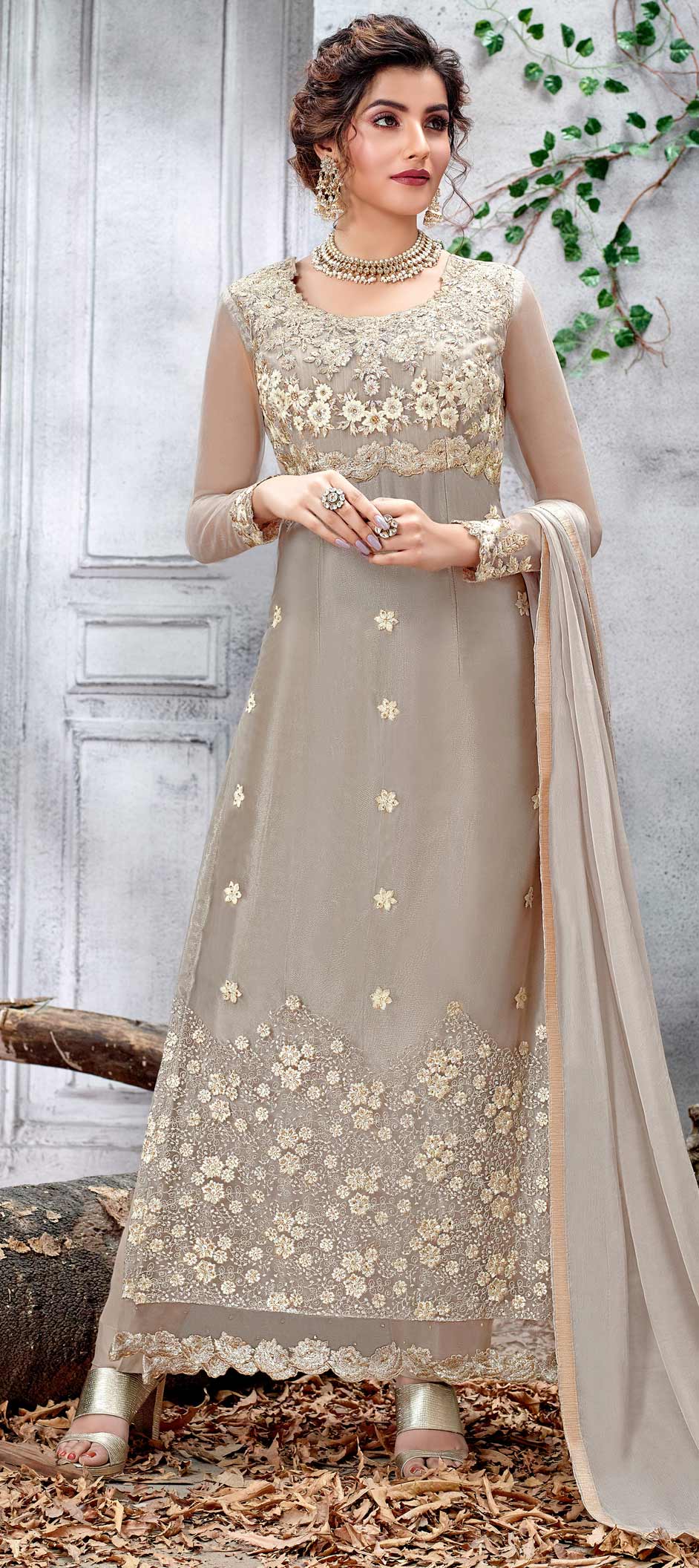 Party Wear Black and Grey color Net fabric Salwar Kameez : 1590610