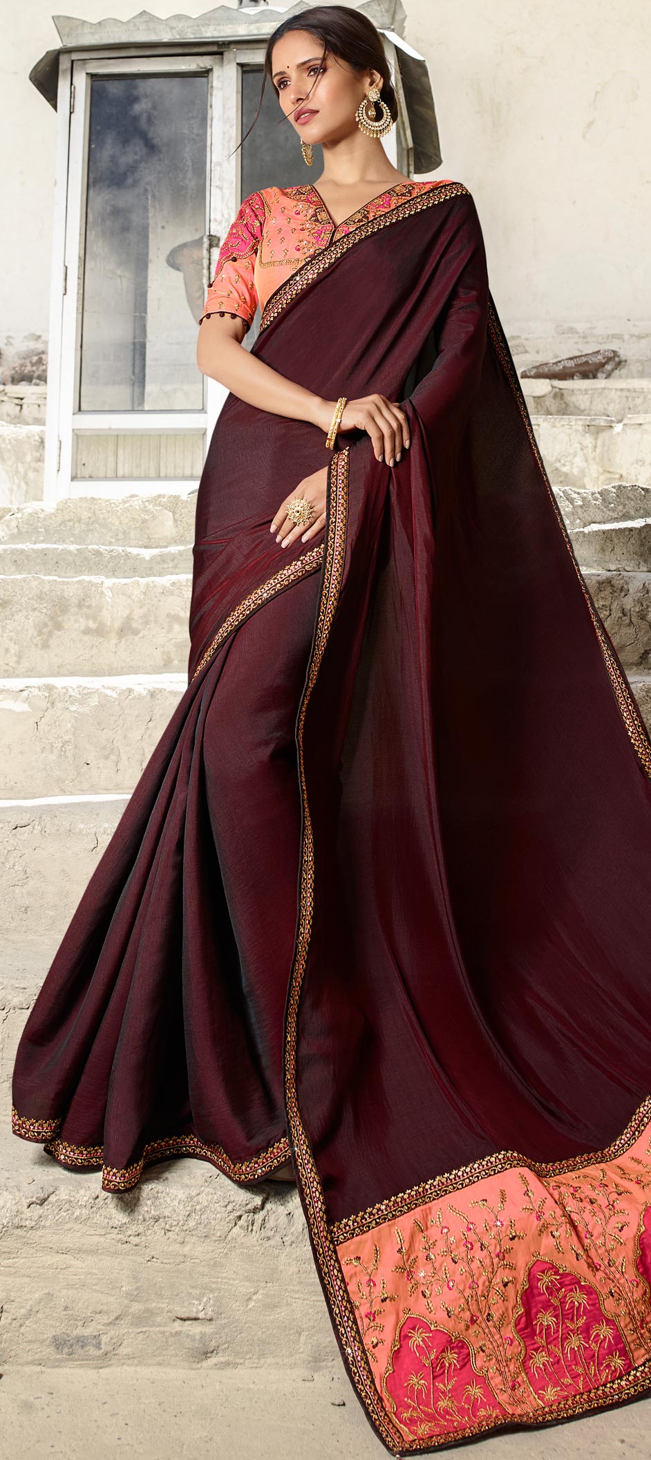 Bollywood Red and Maroon color Satin Silk, Silk fabric Saree : 1591251