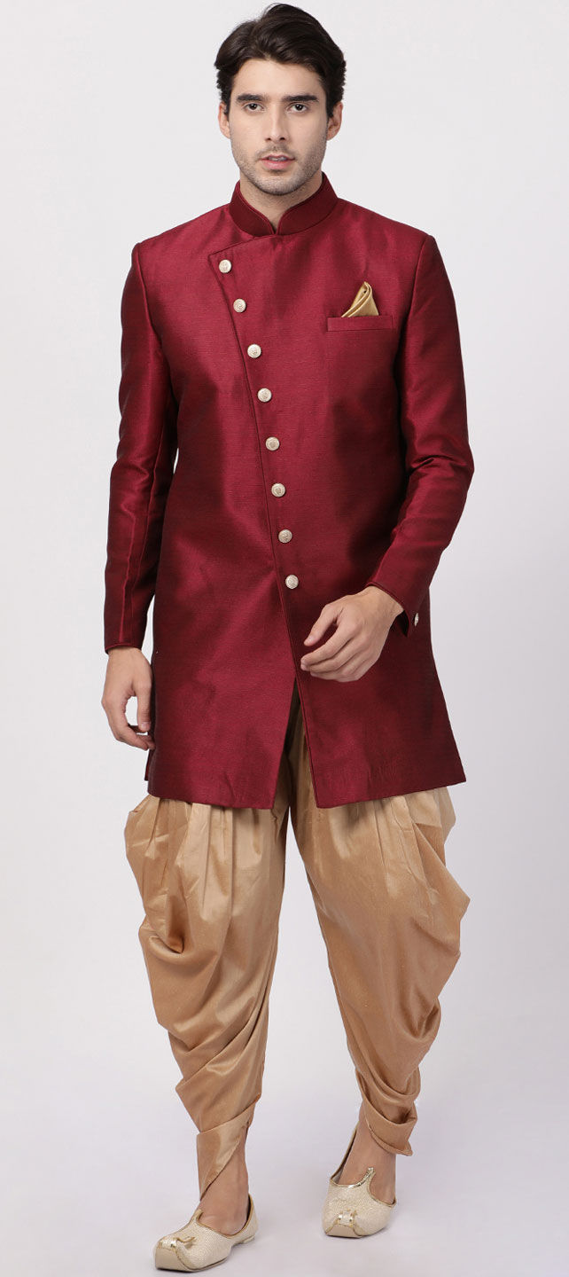 Red and Maroon color Blended, Cotton fabric Dhoti Sherwani : 1591329
