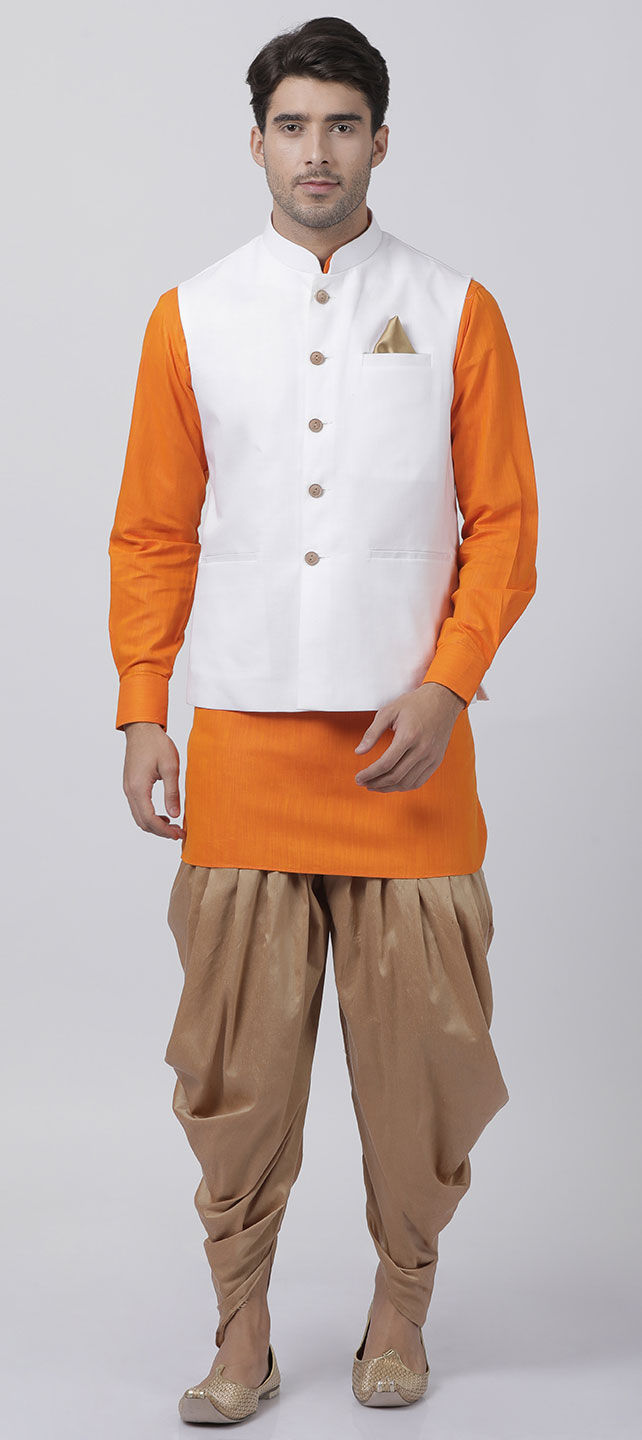 Orange color Cotton fabric Dhoti Kurta with Jacket : 1591428