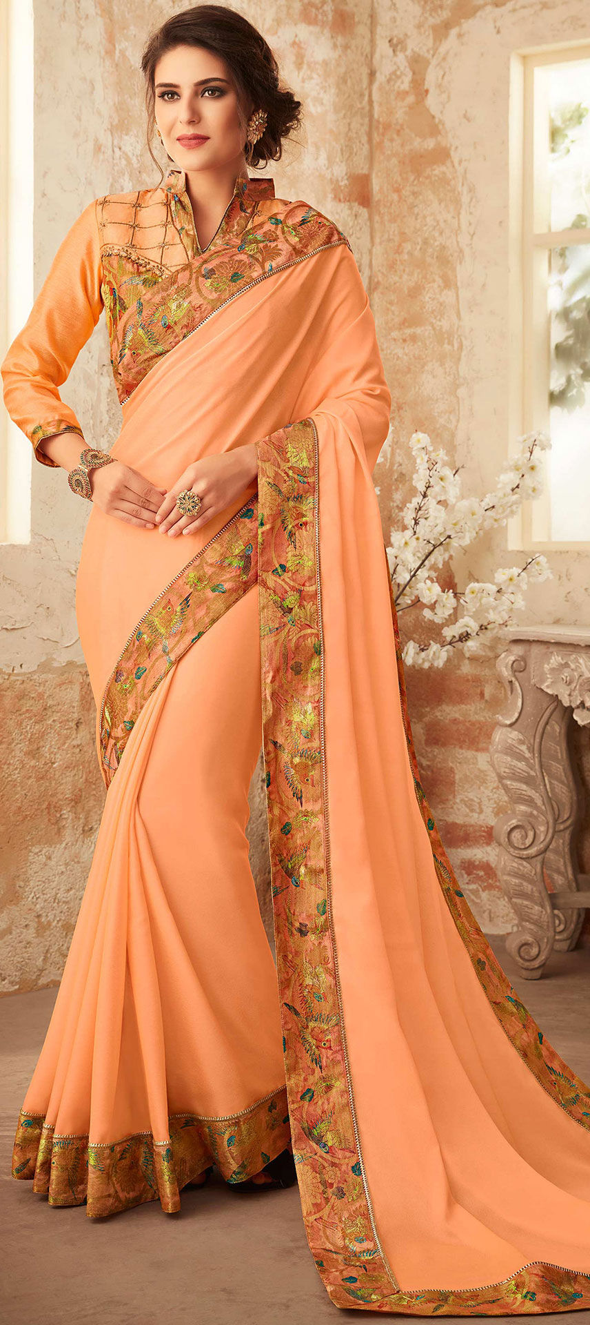 Party Wear Pink and Majenta color Faux Georgette fabric Saree : 1591776