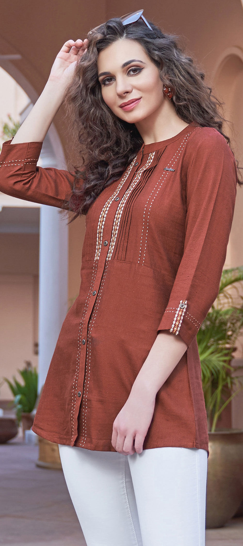 Casual Beige and Brown color Rayon fabric Tops and Shirts : 1591983