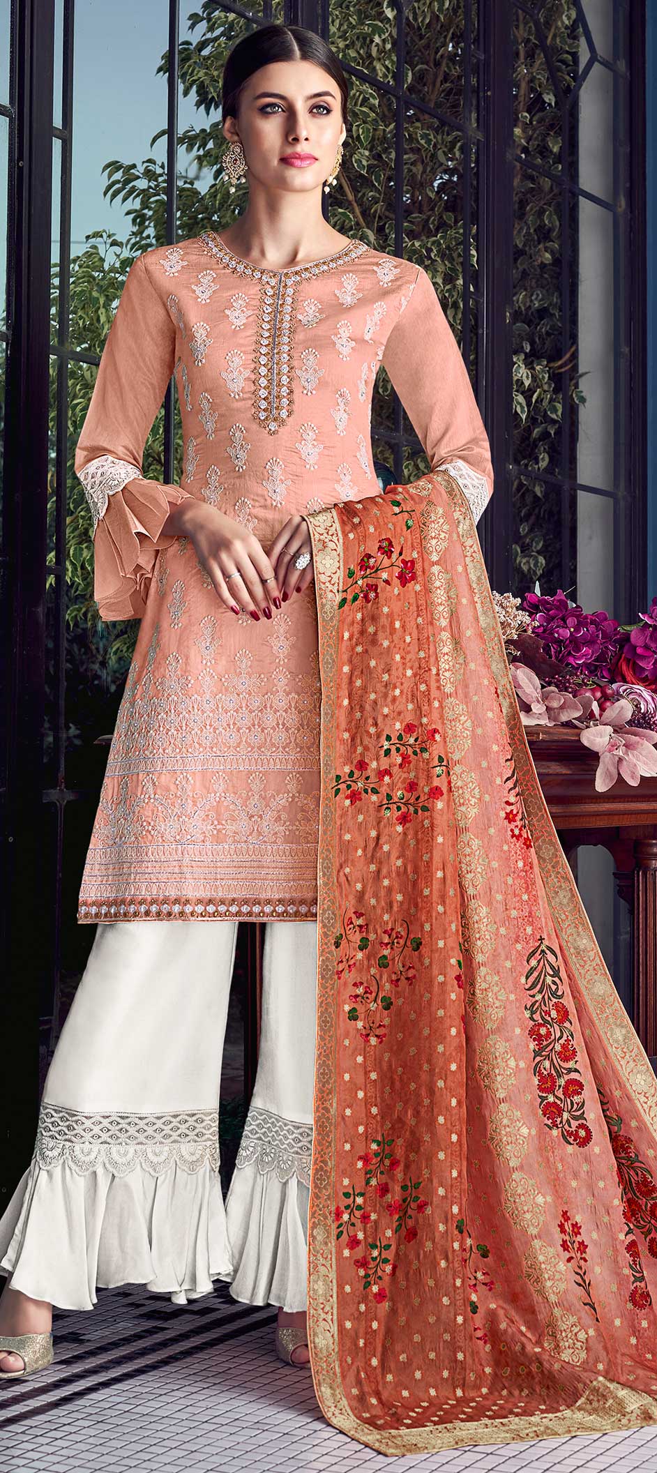 Party Wear Orange color Silk fabric Salwar Kameez : 1593334