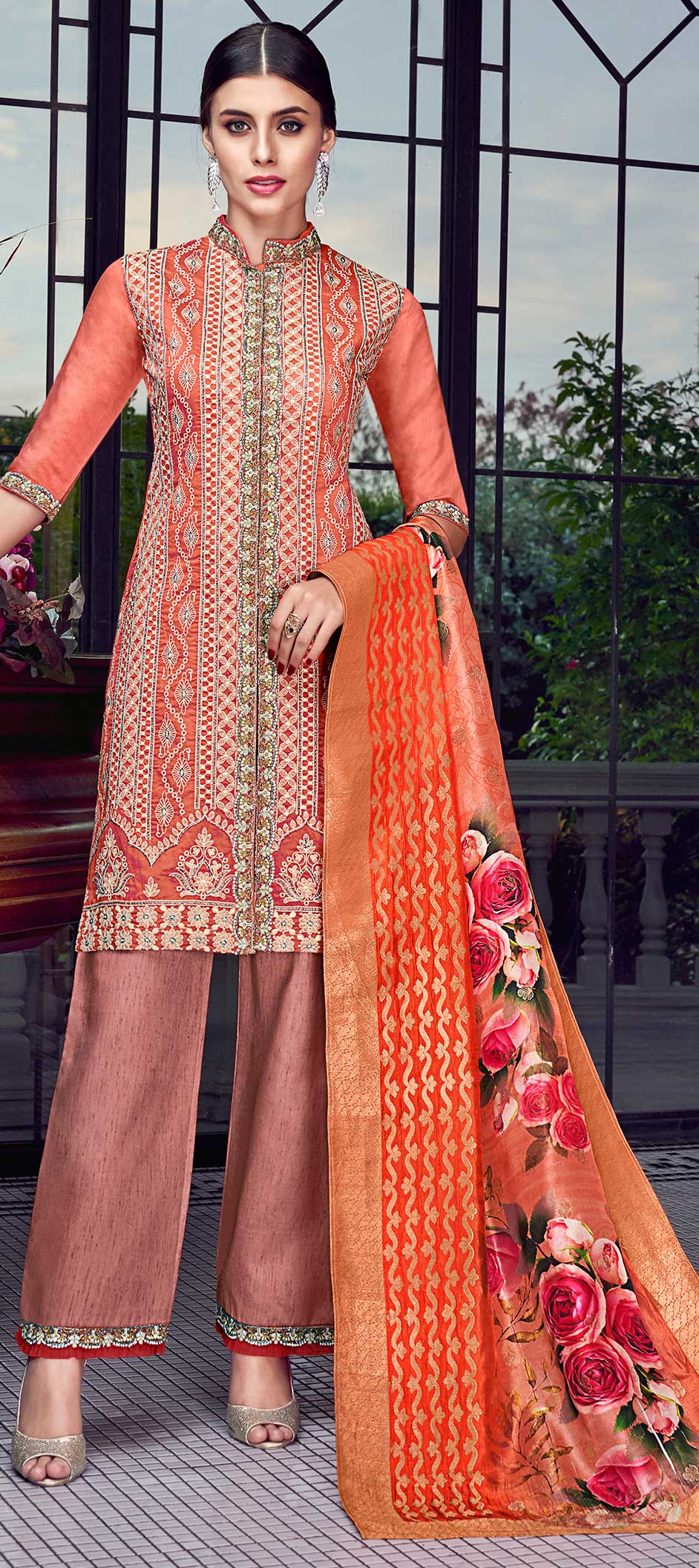 Party Wear Orange color Silk fabric Salwar Kameez : 1593339