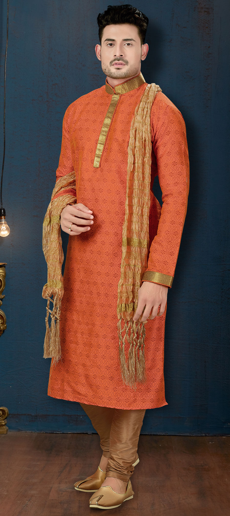 Orange color Dupion Silk fabric Kurta Pyjamas : 1593382