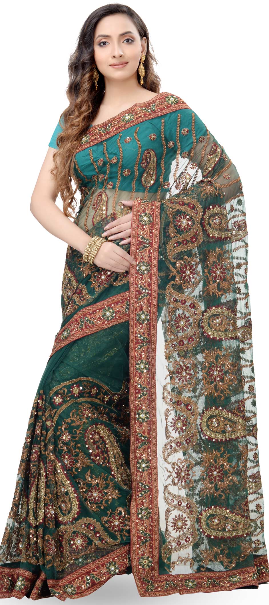 Bridal, Reception, Wedding Green color Net fabric Saree : 1593409
