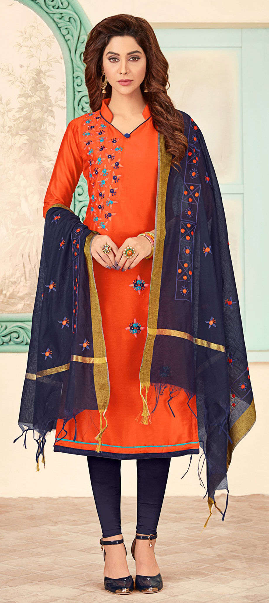 Casual Orange color Cotton fabric Salwar Kameez : 1594046