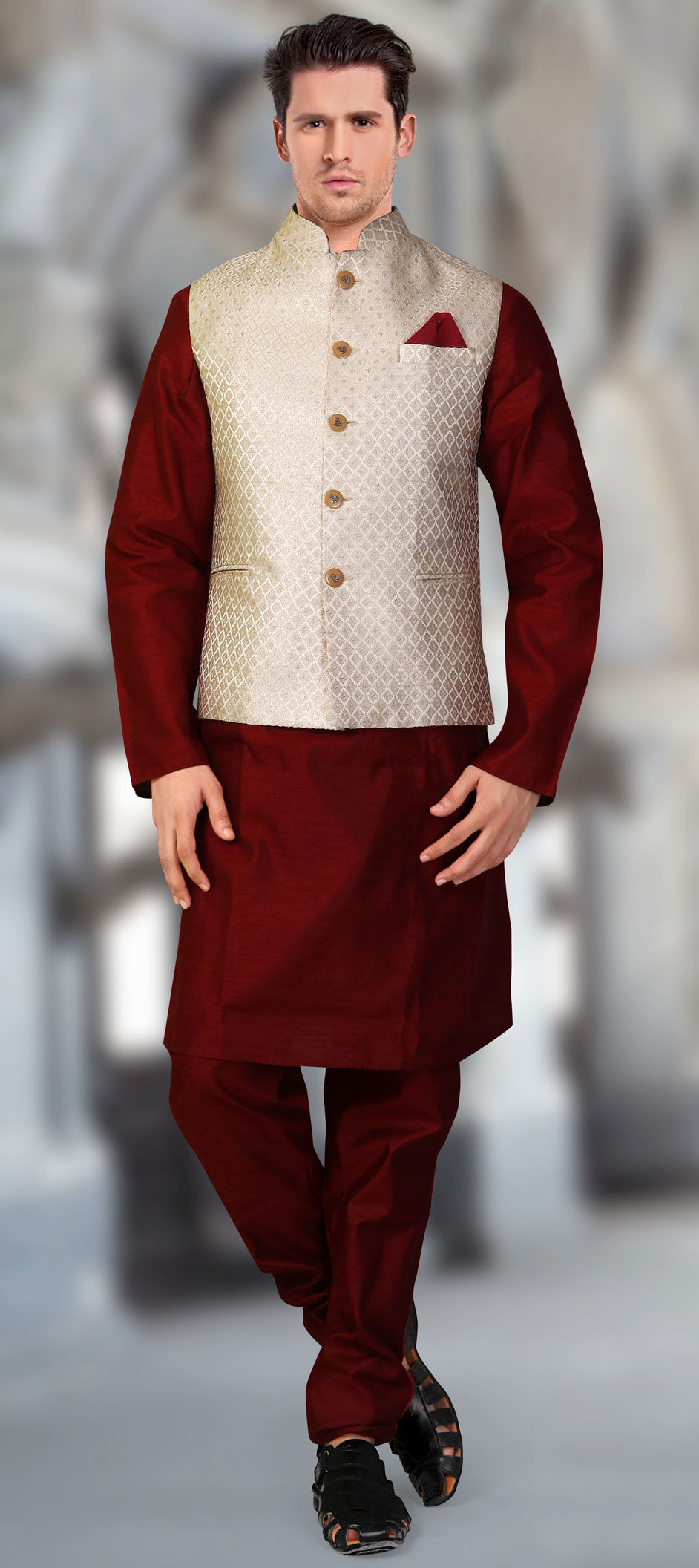 Red and Maroon color Silk fabric Kurta Pyjama with Jacket : 1594615