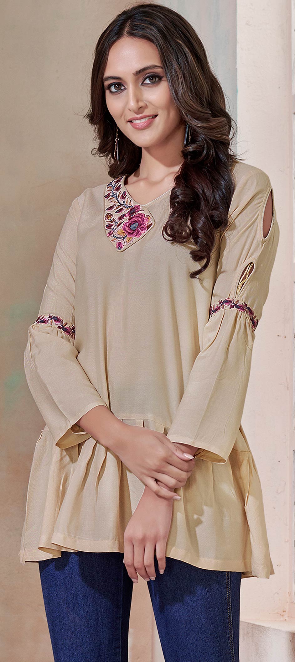 Casual Beige and Brown color Rayon fabric Tops and Shirts : 1594905