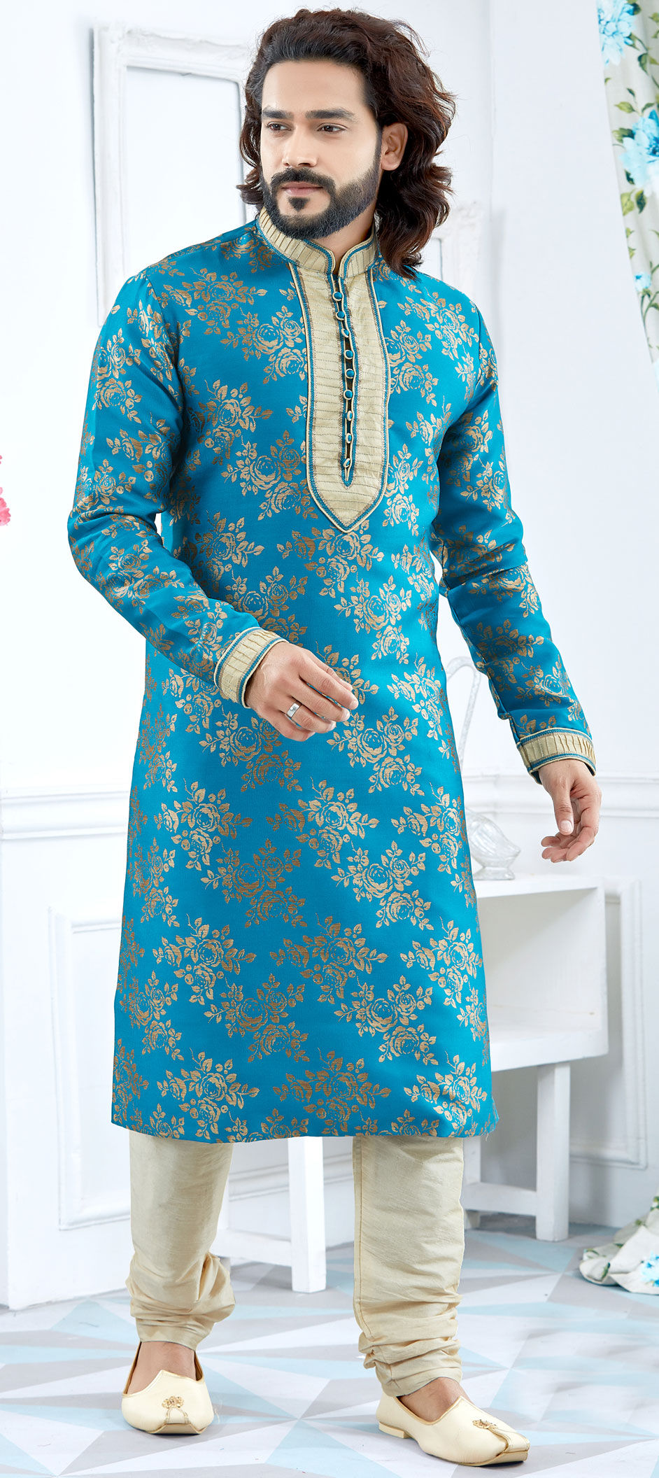 Blue color Jacquard fabric Kurta Pyjamas : 1596815
