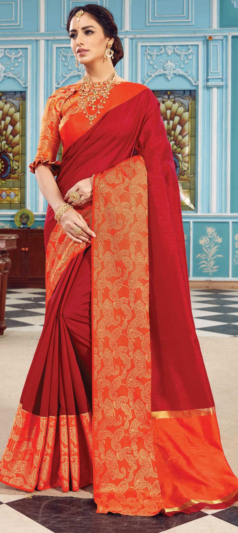 Traditional Red and Maroon color Art Silk, Silk fabric Saree : 1597843