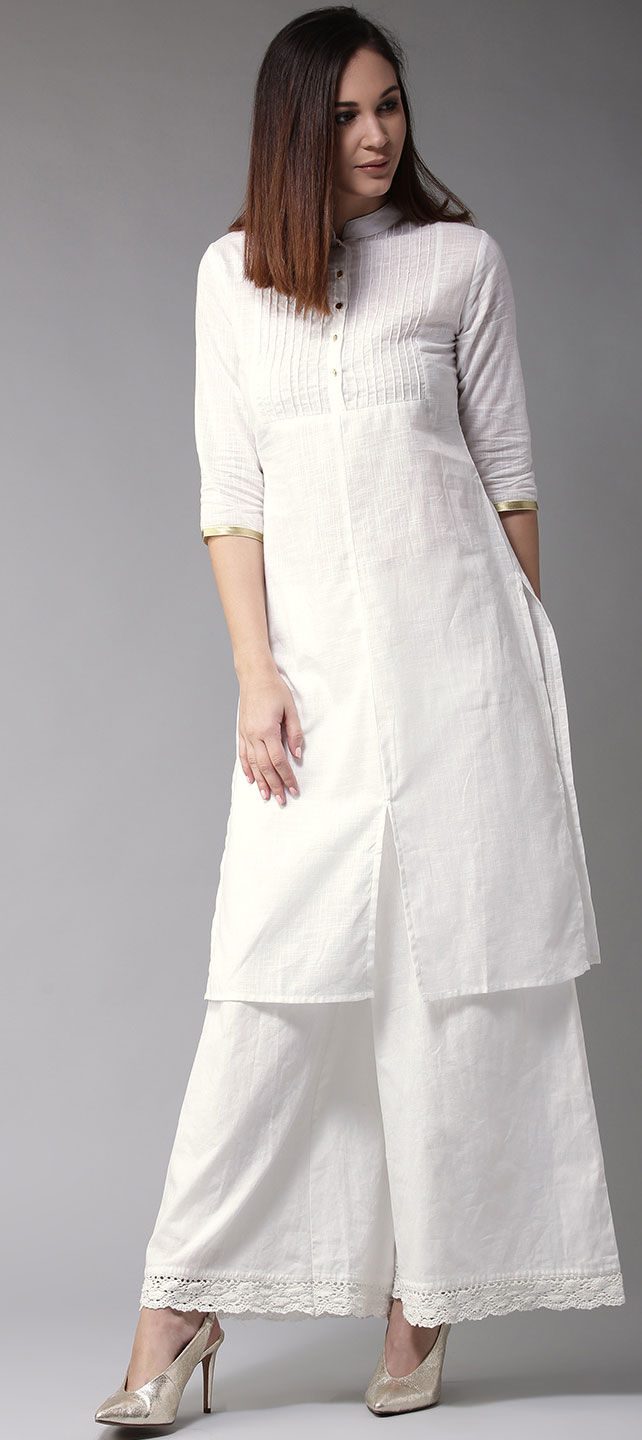 Casual White and Off White color Cotton fabric Tunic with Bottom : 1598643
