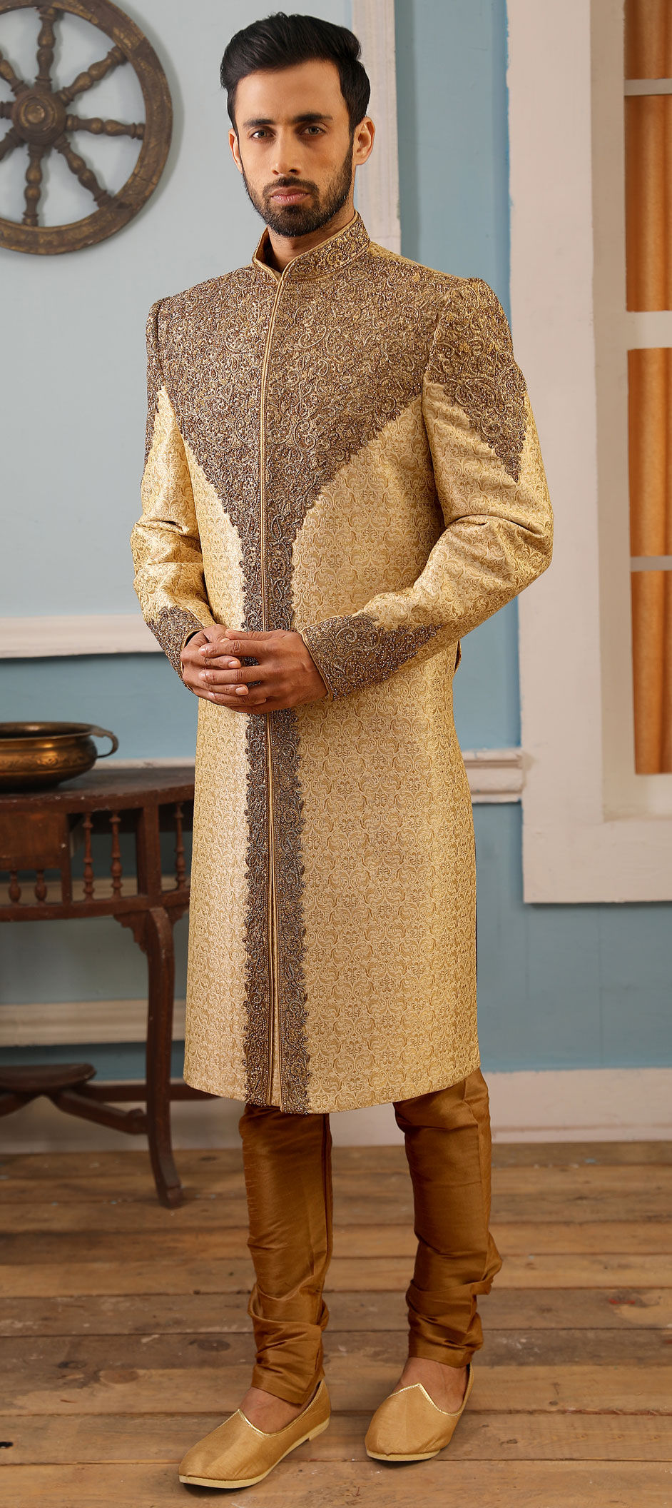 Gold color Brocade fabric Sherwani : 1598661
