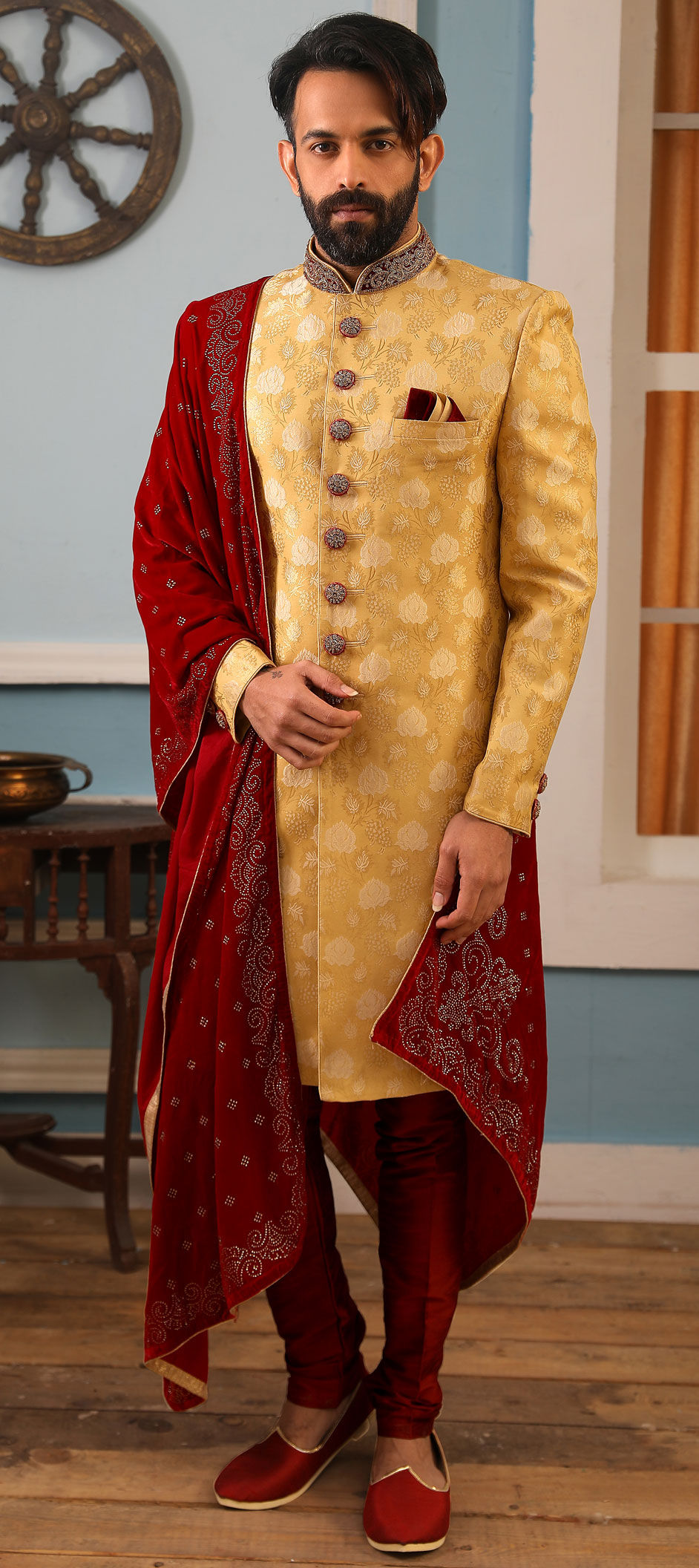 Gold color Brocade fabric Sherwani : 1598693
