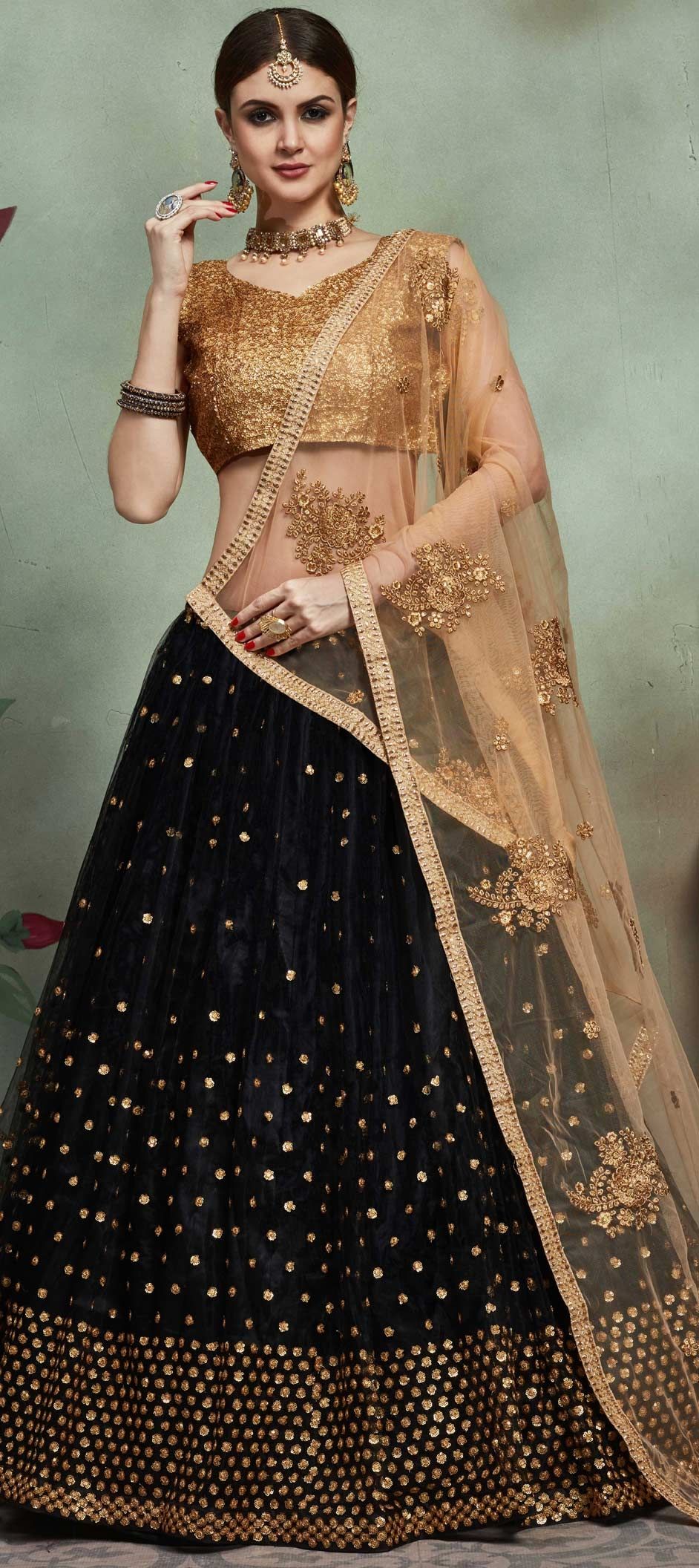 Engagement, Mehendi Sangeet Black and Grey color Net fabric Lehenga ...