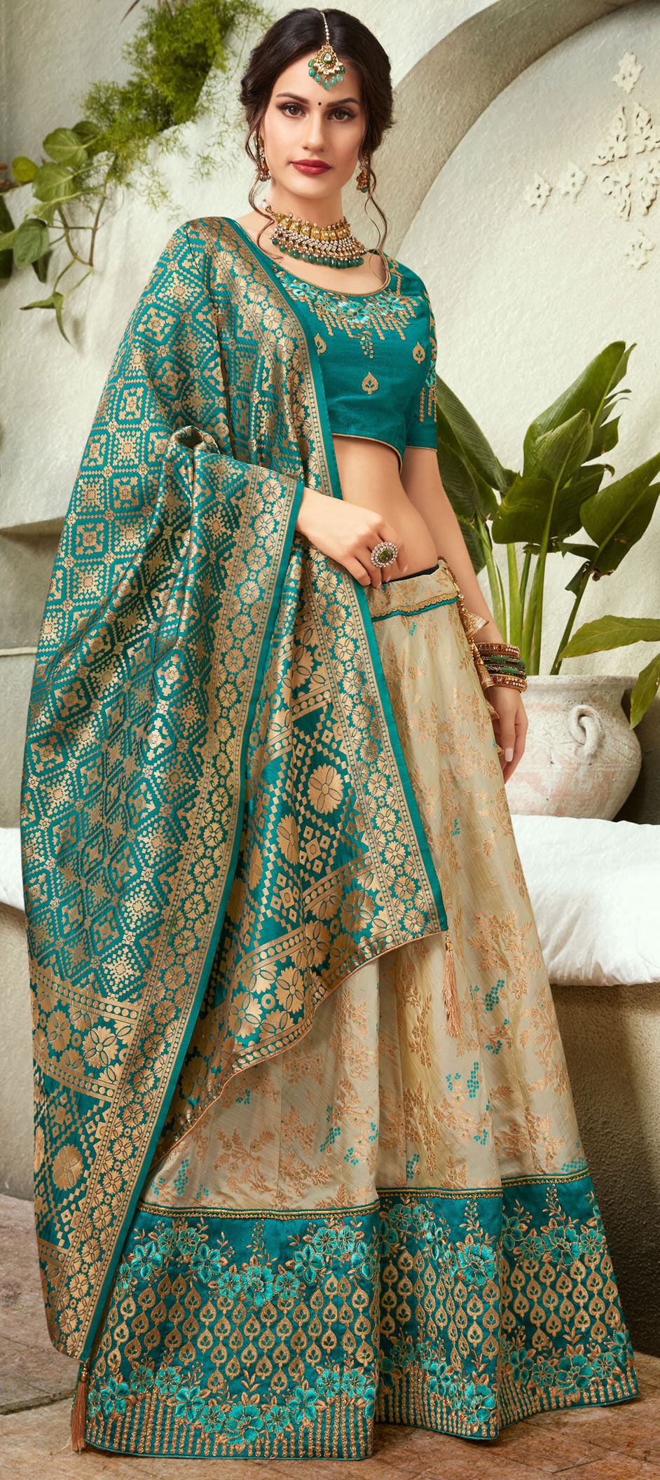 Engagement, Mehendi Sangeet, Reception Beige and Brown color Jacquard ...