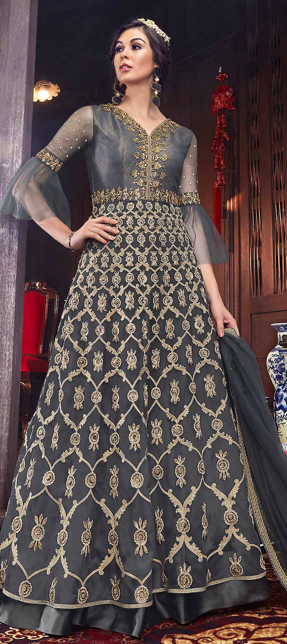 Mehendi Sangeet, Reception Black and Grey color Net fabric Salwar ...