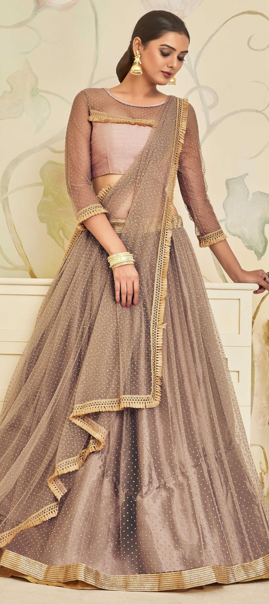 Engagement, Mehendi Sangeet, Reception Beige and Brown color Net fabric ...