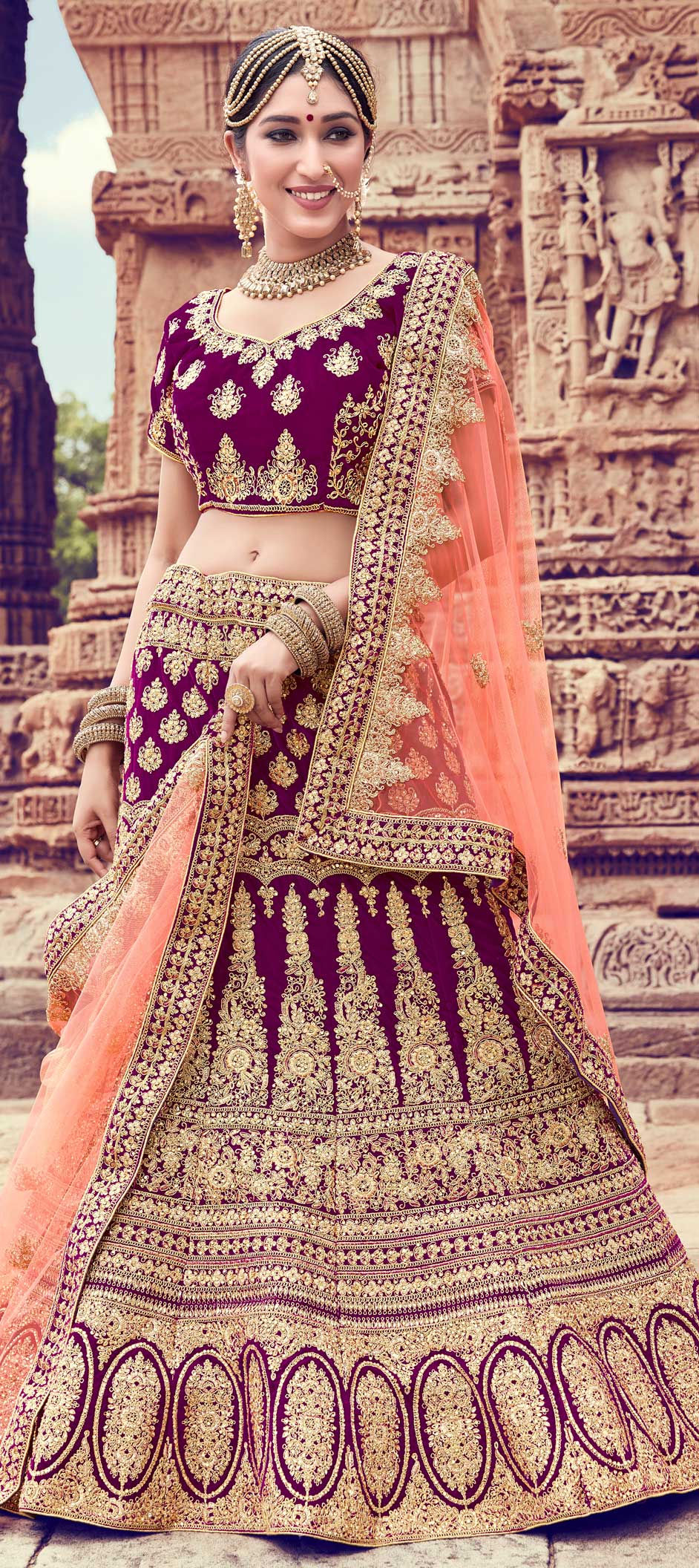 Bridal, Wedding Purple and Violet color Velvet fabric Lehenga : 1601892