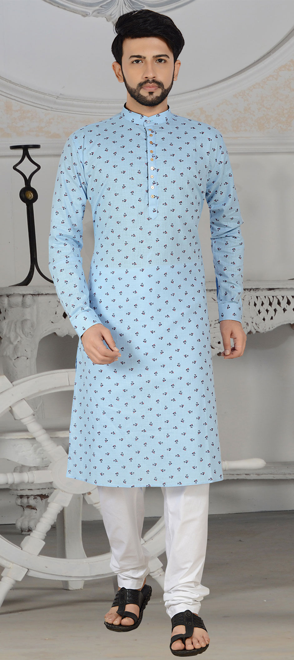 Blue color Cotton, Linen fabric Kurta Pyjamas : 1602256