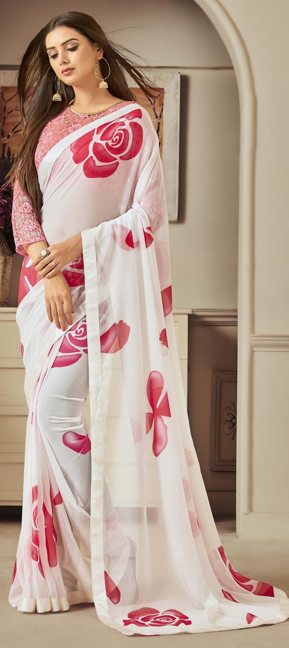 Bollywood White and Off White color Georgette fabric Saree : 1602354