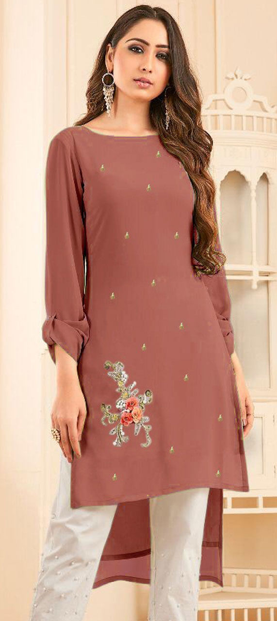 Casual Beige and Brown color Georgette fabric Tunic with Bottom : 1602637