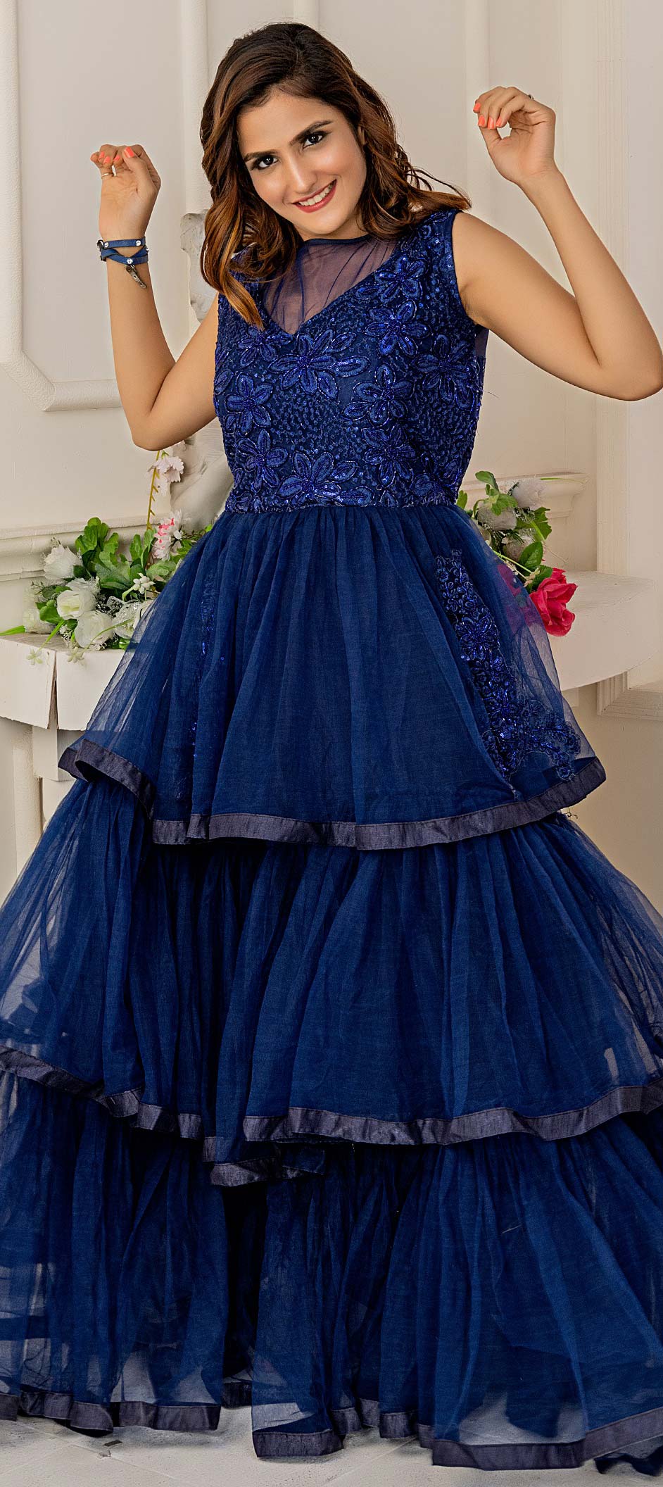 Party Wear Blue color Net fabric Gown : 1602641