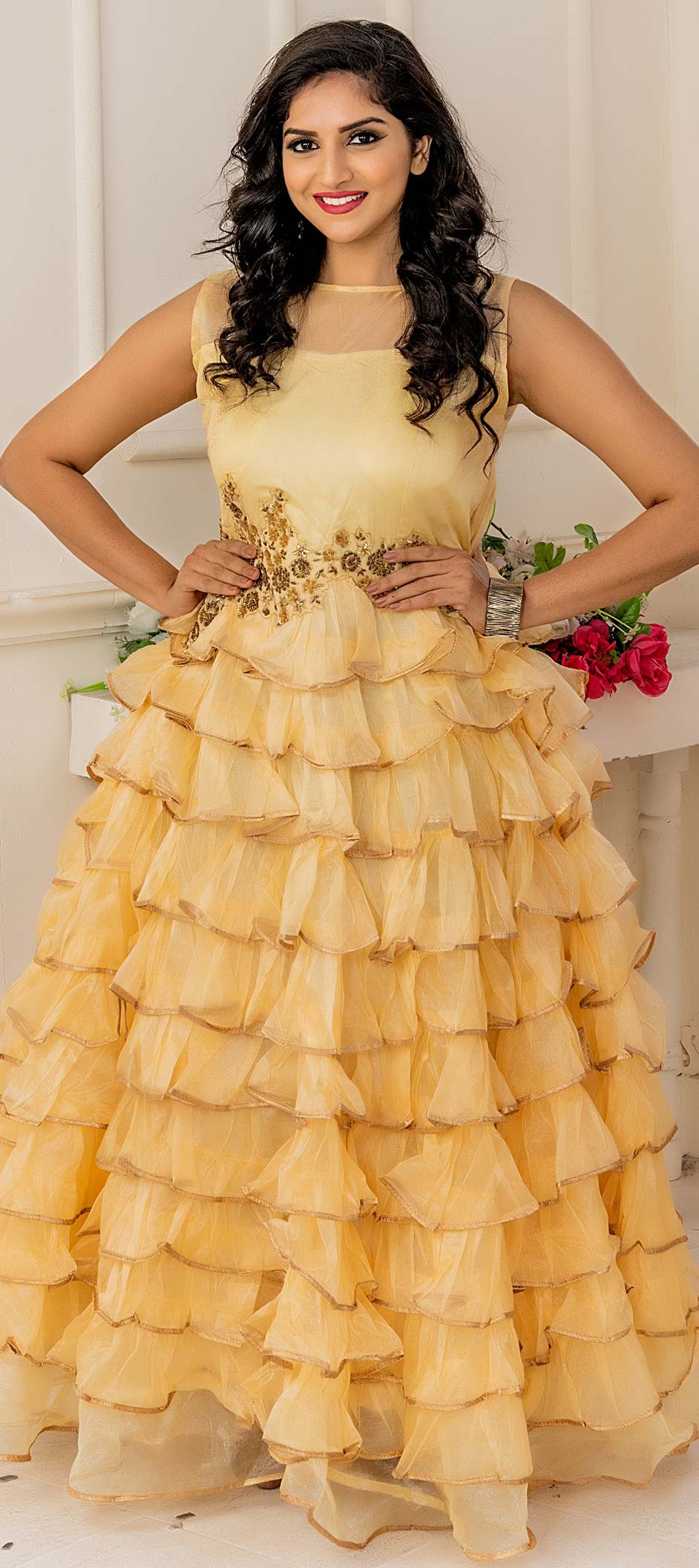 Party Wear Yellow color Net fabric Gown : 1602642